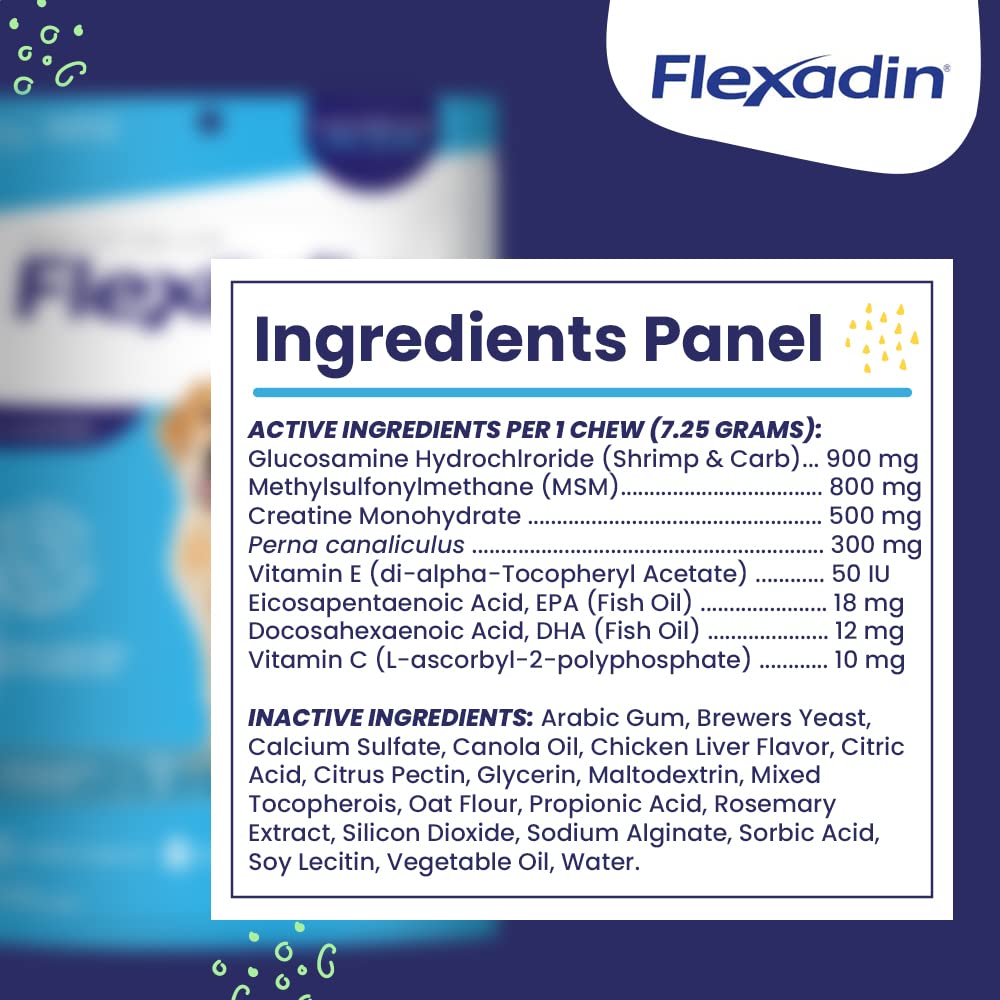 Vetoquinol Flexadin Hip and Joint Supplement with Glucosamine for Dogs, Joint Support Chew with Green-Lipped Mussel and MSM, 90-Count