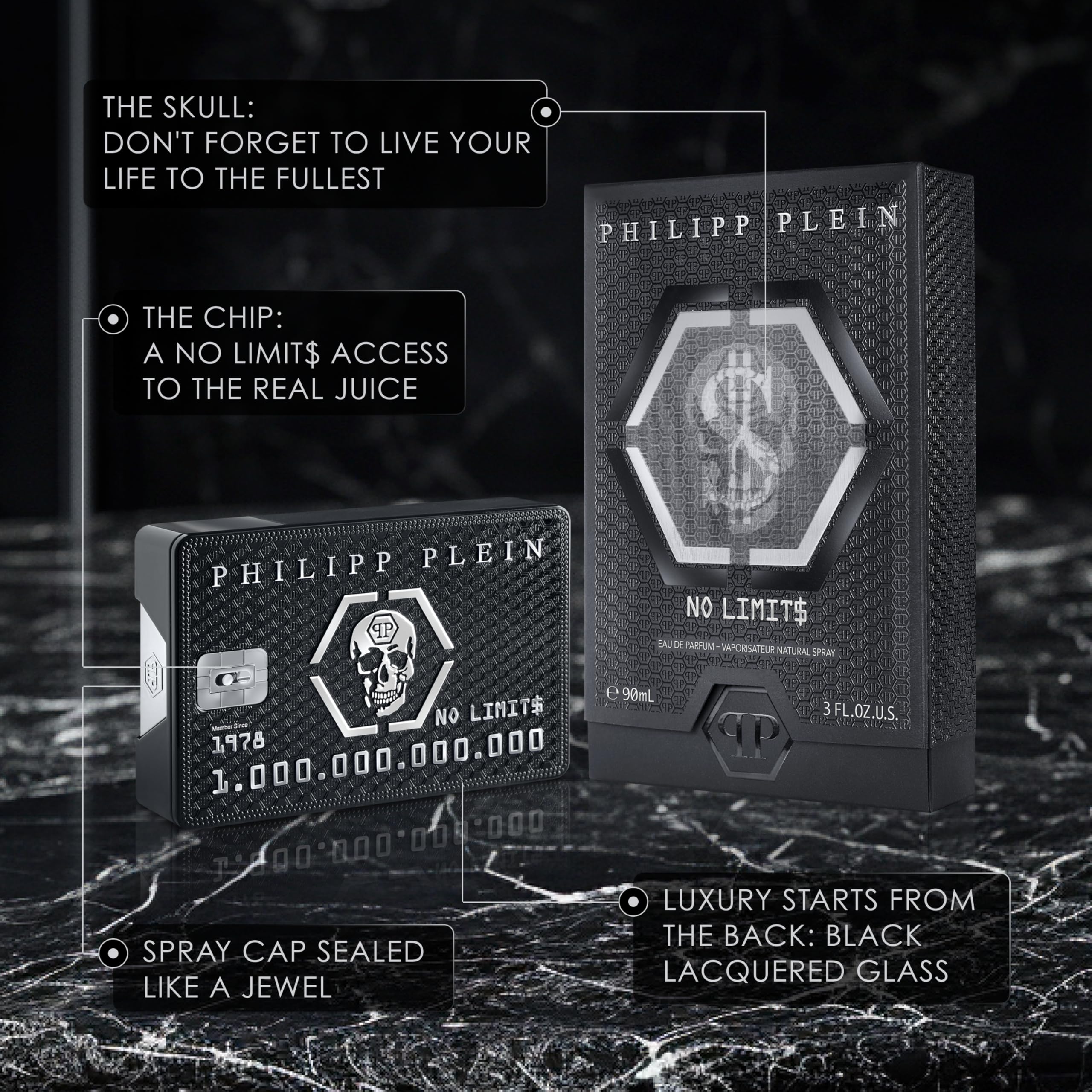 Philipp Plein – Eau de Parfum No Limits 90 ml – Parfum Homme – Notes Orientales et Boisées – Un Tatouage Olfactif Indélébile et Sensuel – Boisé Oriental – Flacon en Verre Laqué Noir