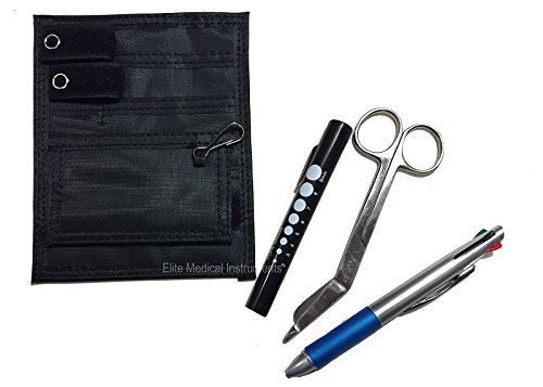 EMI Nurse Black Pocket Organizer 4 Piece KIT - Pocket Organizer, Lister Bandage Scissor, LED Pupil Gauge Penlight, and Chart Pen