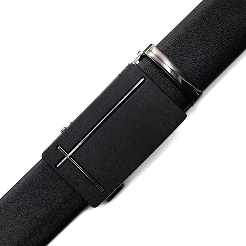5MLGgoods Belt Men, Black Ratchet Leather Belt For Men, 11/8" Genuine Leather, With Easier Slide Buckle (Cross, Black, L:125cm)
