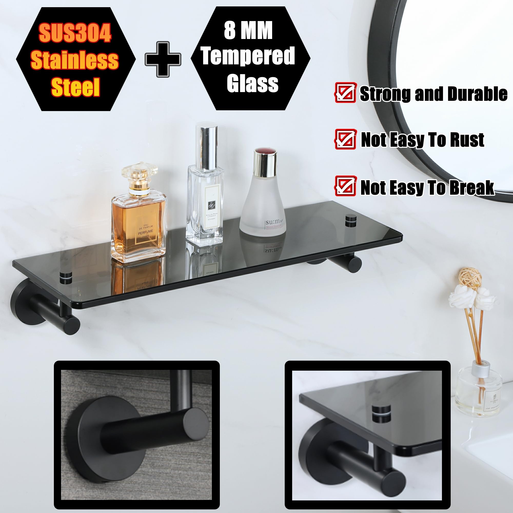 Alise Bathroom Shelves Glass Shelf Wall Mount Floating Shelves for Bathroom,SUS304 Stainless Steel Tempered Glass Rack Holder Storage Organizer,Black Finish GDL400X130-B
