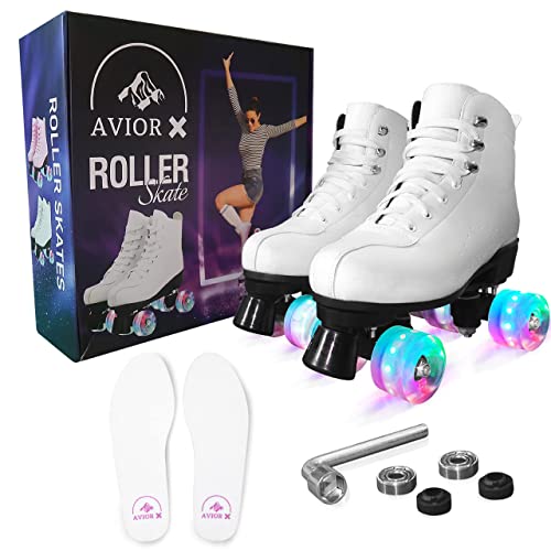 AviorX Premium Roller Skates for Women & Everyone All Adult Men, and Womens, Girls, and Kids Indoor & Outdoor High Top Luxurious Retro Roller Skate for Womens/Unisex with Extras (8, White)