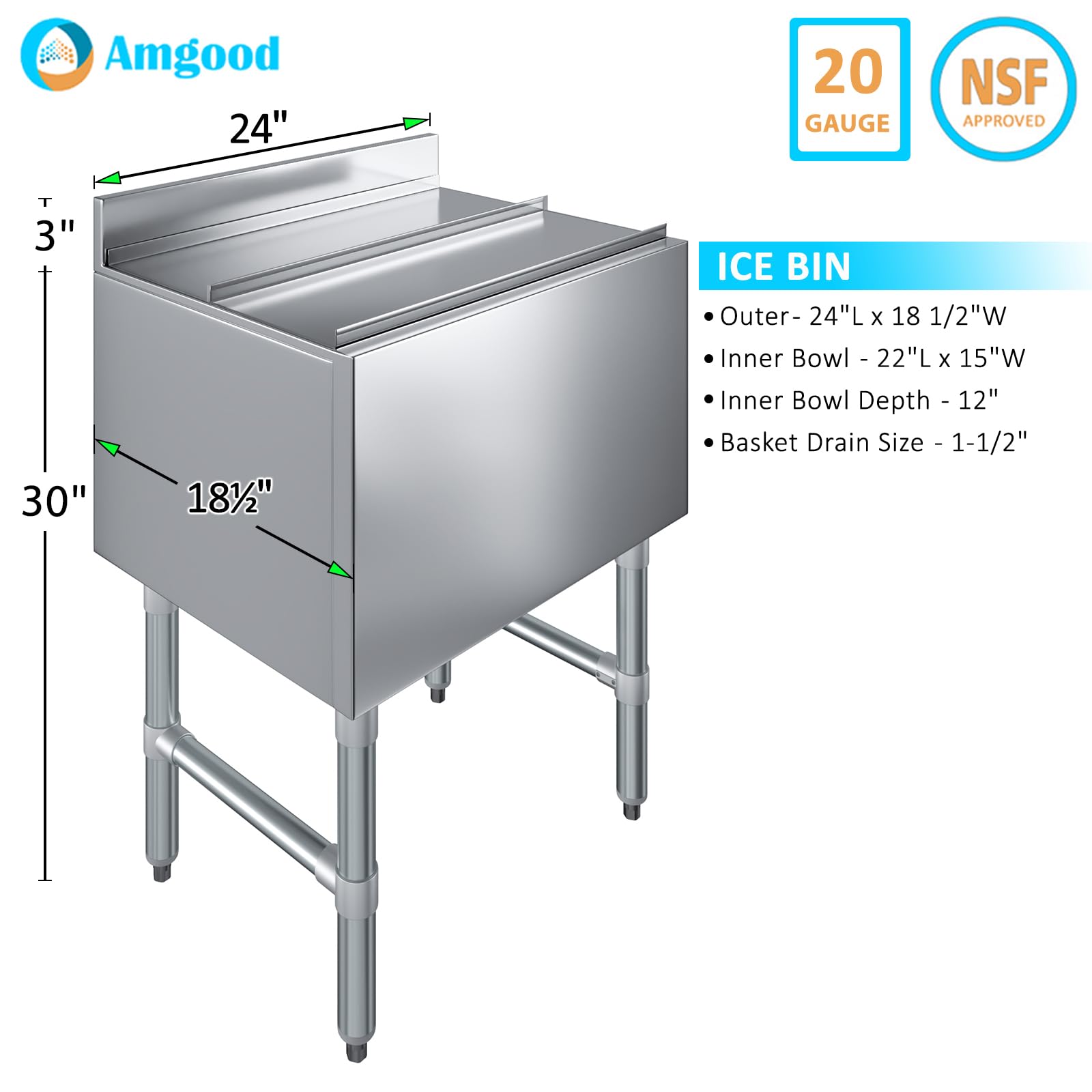 AmGood 18.5" x 24" x 33" Stainless Steel Ice Chest with Sliding Lid | Large Ice Bin | NSF
