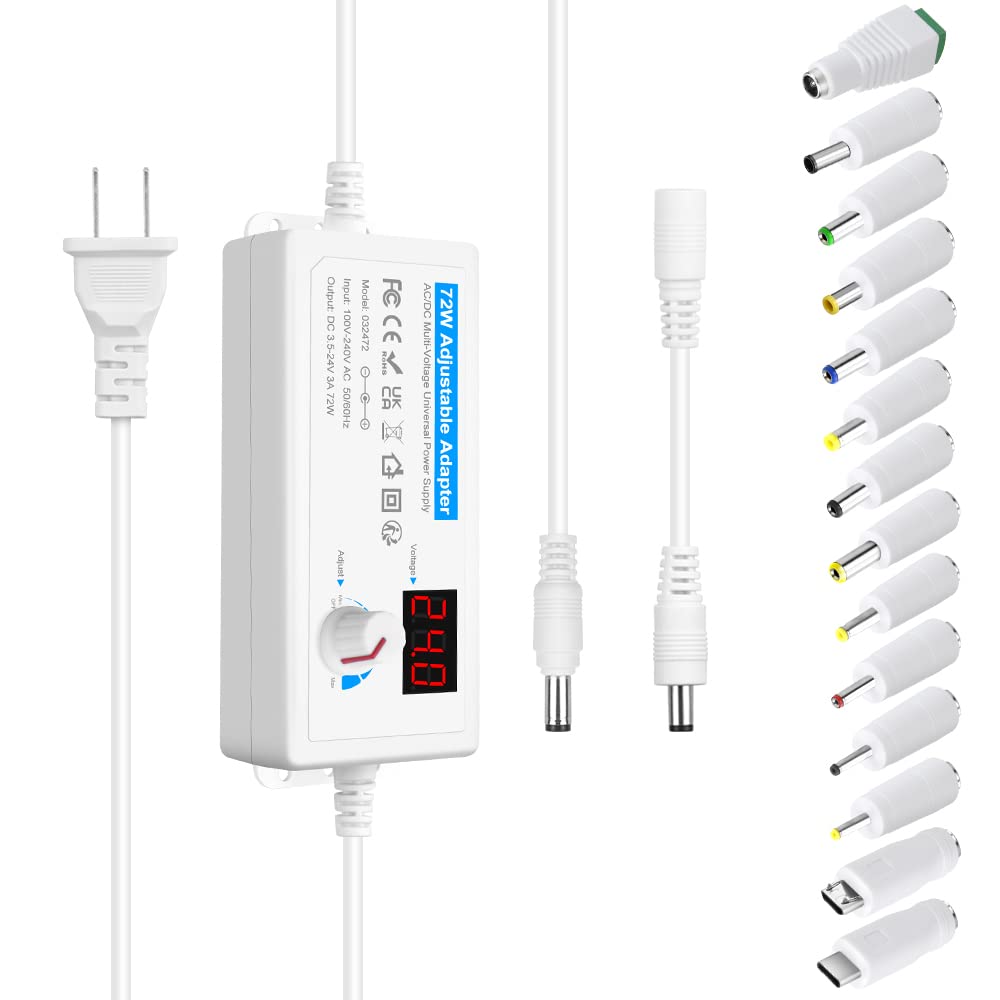 Aclorol 3V-24V 3A 72W Universal Power Supply AC/DC Adapter 5V 6V 9V 12V 15V 18V 24V Power Adapter Adjustable Variable 100V-240V AC to DC Converter 0.5A 1A 2A 3A Max with 14 Tips 5.5x2.5mm 4.0x1.7mm
