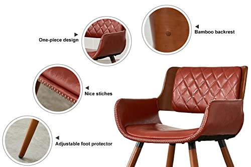 ARTPLAN Mid-Century Modern Accent Bamboo Small Arm Chair with PU Upholstered Dining Chair for Living Room, Set of 2