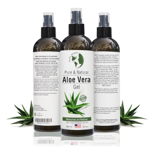 Earth's Daughter Organic Aloe Vera Gel from 100% Pure and Natural Cold Pressed Aloe β Moisturizes - Great for Face - Hair- Sunburn - Aftershave - Bug Bites - 12 oz.