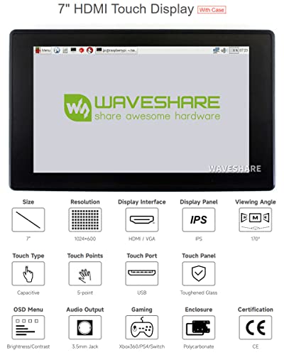 Waveshare 7inch Capacitive Touch Screen LCD (H) with Case, Compatible with Raspberry Pi 5/4B/3B/Zero/Zero W/Zero 2W/Pico/Pico W/Pico WH, 1024×600, HDMI, IPS