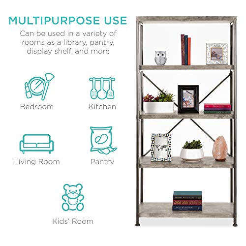 Best Choice Products 5-Tier Rustic Industrial Bookshelf Display Décor Accent for Living Room, Bedroom, Office w/Metal Frame, Wood Shelves - Gray