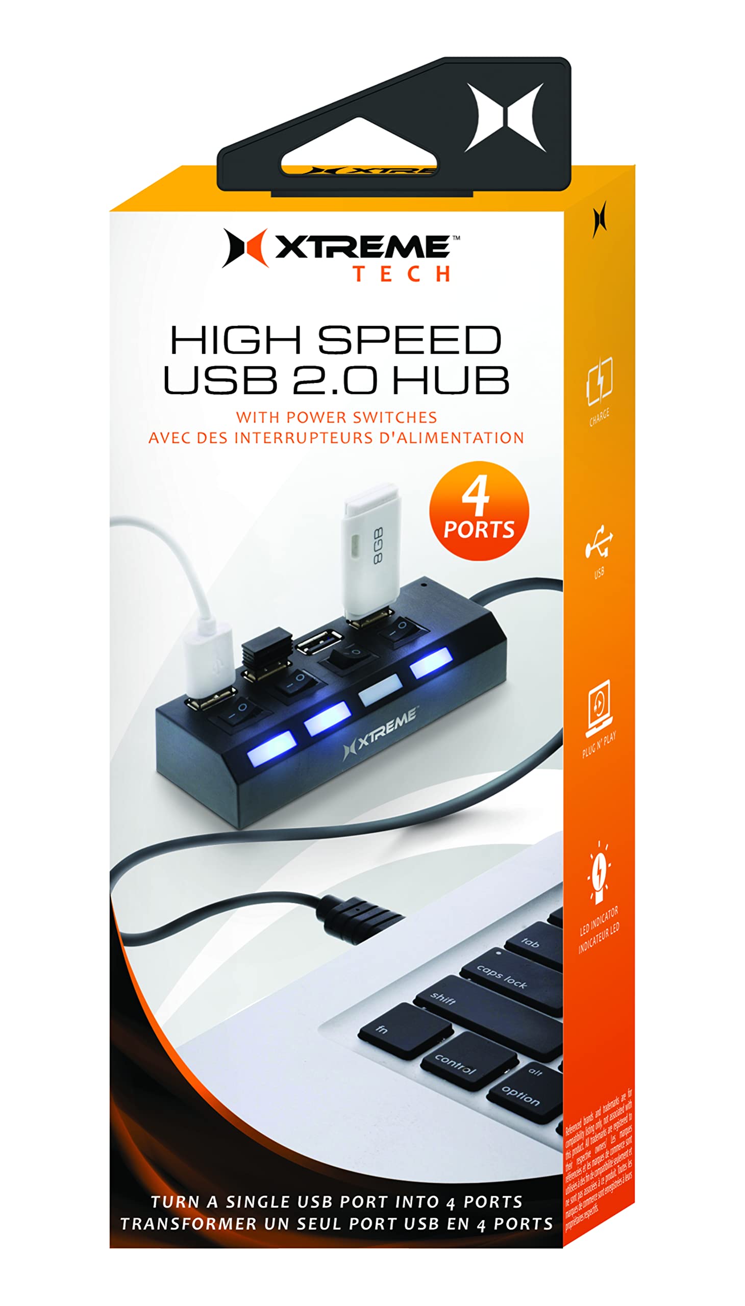 Xtreme 4-Port USB Hub, 4 Individual LED Power Switches, Works With Laptops/Desktops, Supports All USB Devices: Wireless Mice, Smartphones, Tablets, Plug and Play Installation
