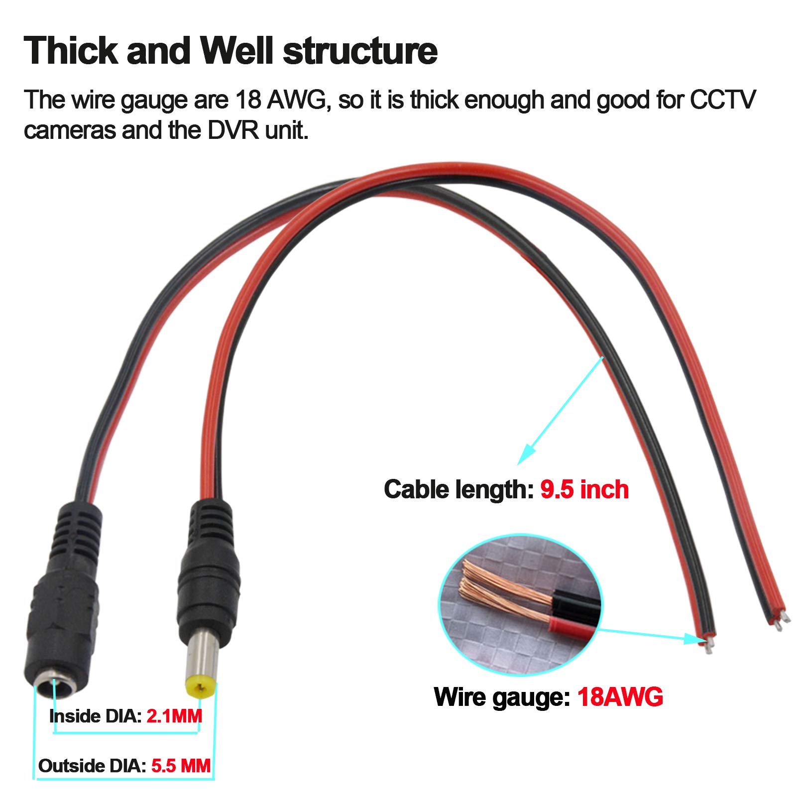 MILAPEAK (Real 18AWG 43x2pcs Copper Strands 20 Pairs DC Power Pigtail Cable, 12V 5A Male & Female Barrel Connectors for CCTV Security Camera and Lighting Power Adapter (2.1mm x 5.5mm, Ultra Thick)