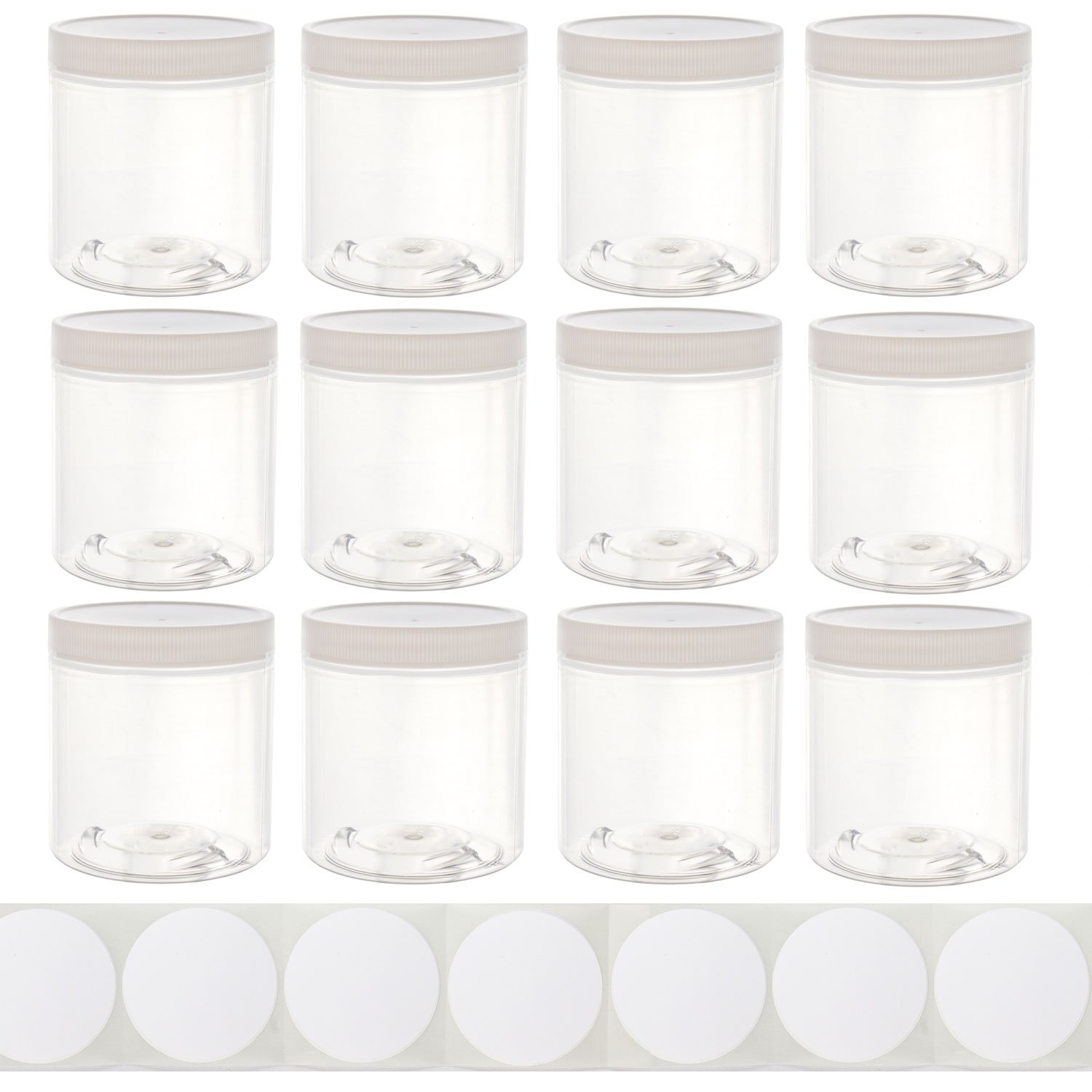8oz Plastic Wide-Mouth Storage Jars (12 pack) - Large straight-sided clear empty refillable food-grade BPA-free PET containers with white screw-on lids - 70mm 70-400 70/400 Made in the USA