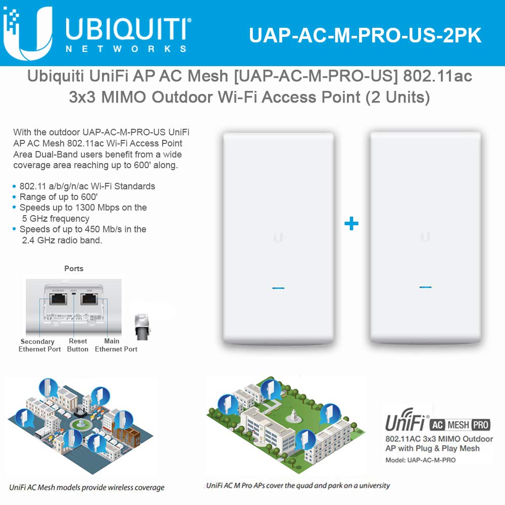 UniFi AC Mesh Wireless Access Point UAP-AC-M-PRO-US 802.11ac 3x3 MIMO Outdoor Wi-Fi (2 Units)