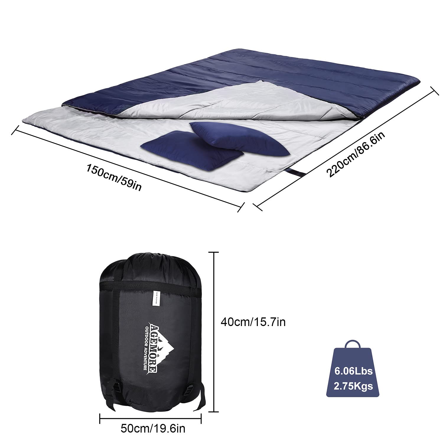 AGEMORE Double Sleeping Bag for Camping, Backpacking Or Hiking, Lightweight Waterproof 2 Person Sleeping Bag with 2 Pillow, Queen Size Sleeping Bag for Adults Or Teens, Truck or Tent (6LB Blue)
