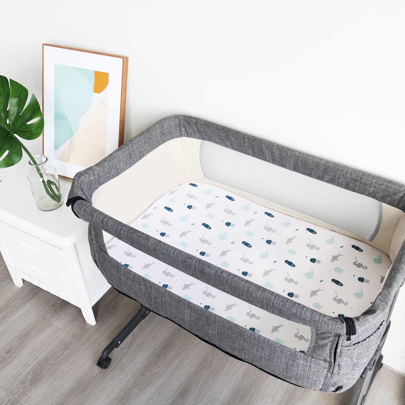 5 Count Changing Pad Liner, Larger Changing Pad Cover 28" X 15", Cotton Flannel, Absorbent & Skin-Friendly (Solid Improved Thickness)/ Bassinet Sheet 4 Pack for Baby Boys