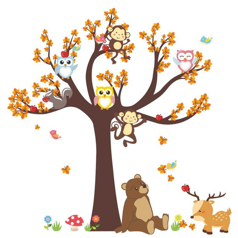 ElecMotive Jungle Wild Animal Vinyl Wall Sticker Decals for Kids Baby Bedroom (Owl Monkey Bear)