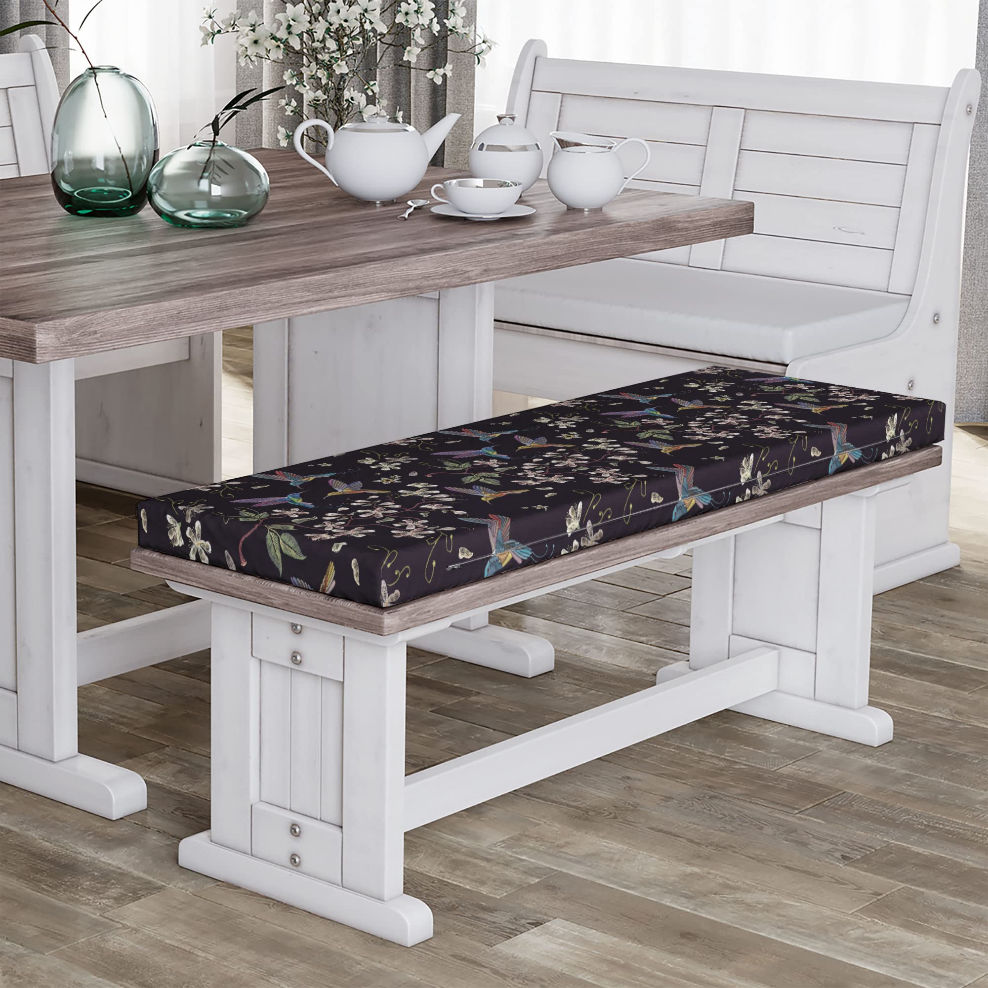 Ambesonne Cherry Blossom Bench Pad, Flappy Broad-Tailed Hummingbirds Flying Around White Cherry Blossom Trees, Standard Size HR Foam Cushion with Decorative Fabric Cover, 45" x 15" x 2", Black Purple