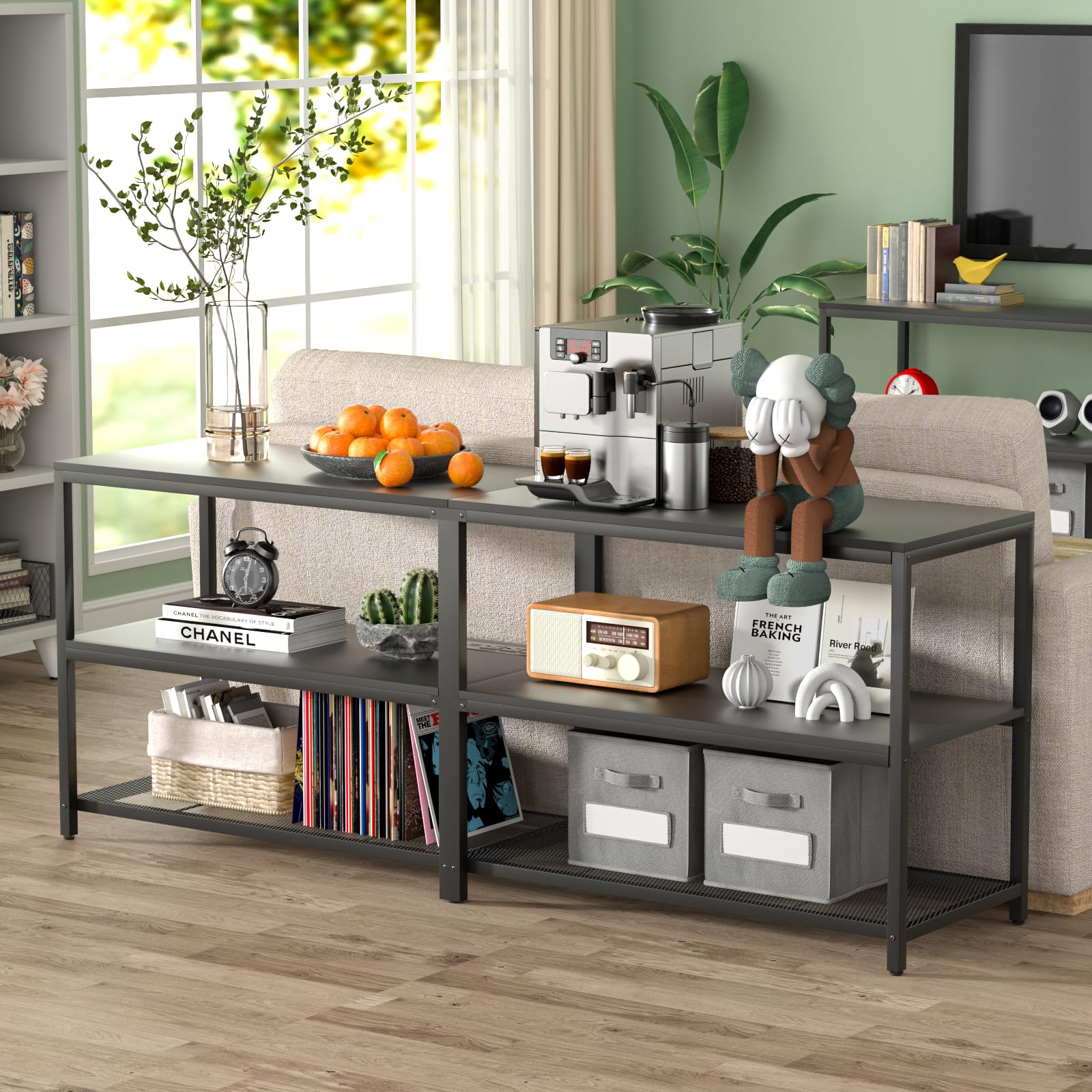 ADOFFUR 63 Inch Horizontal Bookshelf, Industrial 3 Tier Open Book Shelf with LED Strip and Outlets, Wood and Metal Long Bookcase for Home Office (Black)