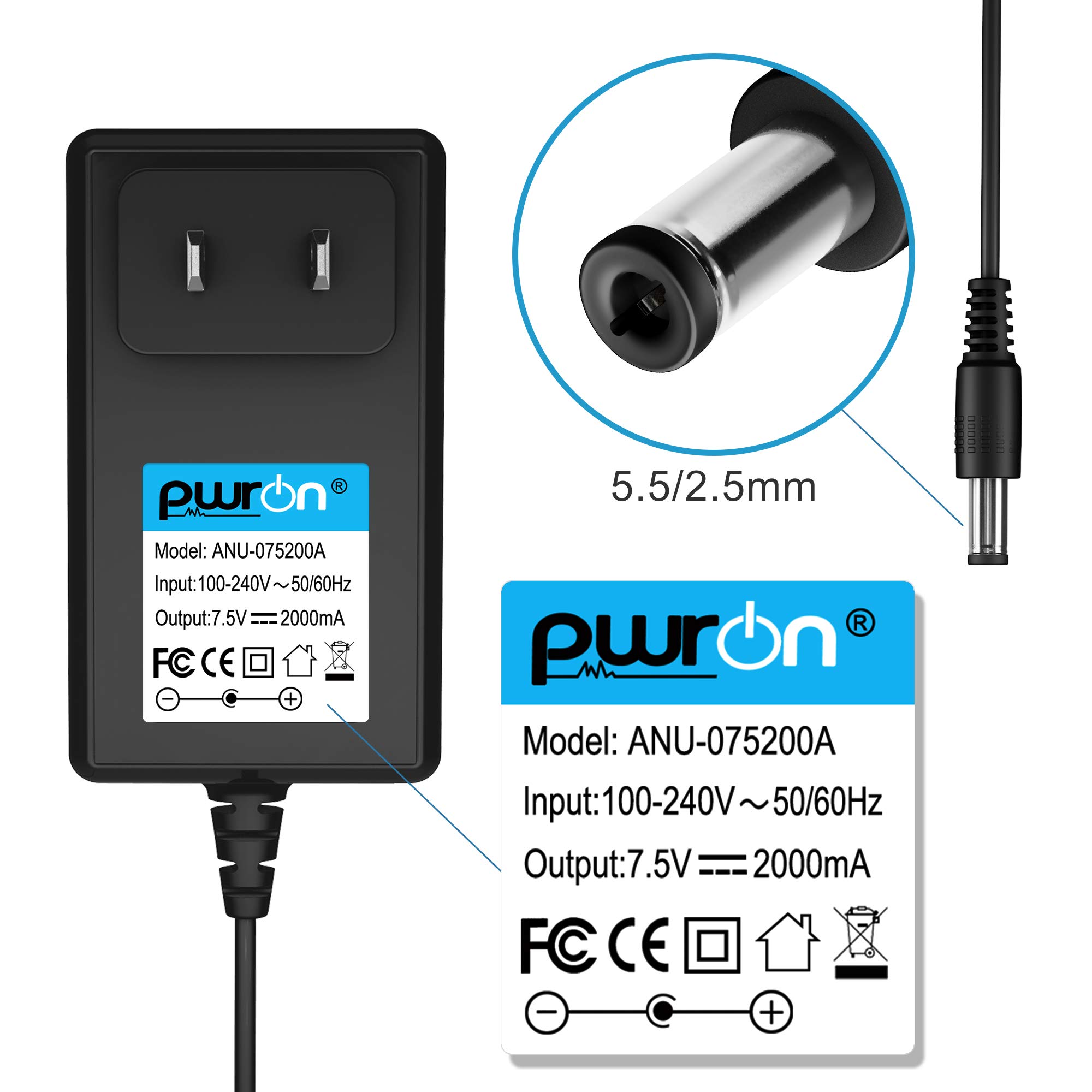 PwrON (6.6FT Cable) 7.5V 2A AC DC Adapter Compatible with for 400mA 500mA 800mA 1000mA DC Adapter Power Supply 5.5mm*2.1mm/2.5mm with Positive Center
