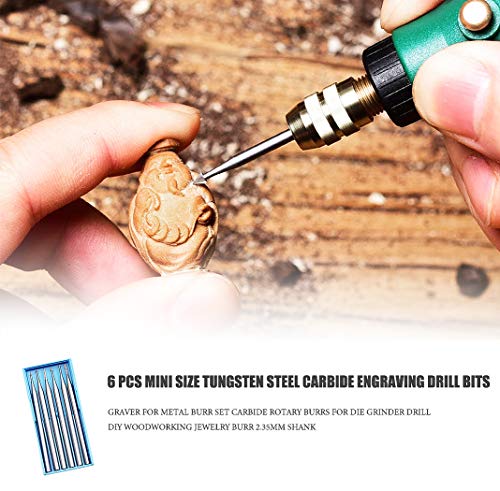 6 PCS 1MM Tungsten Steel Carbide Engraving Drill Bits, Graver for Metal, Burr Set, Carbide Rotary Burrs for Die Grinder Drill, DIY Woodworking, Jewelry Burr, 2.35mm Shank