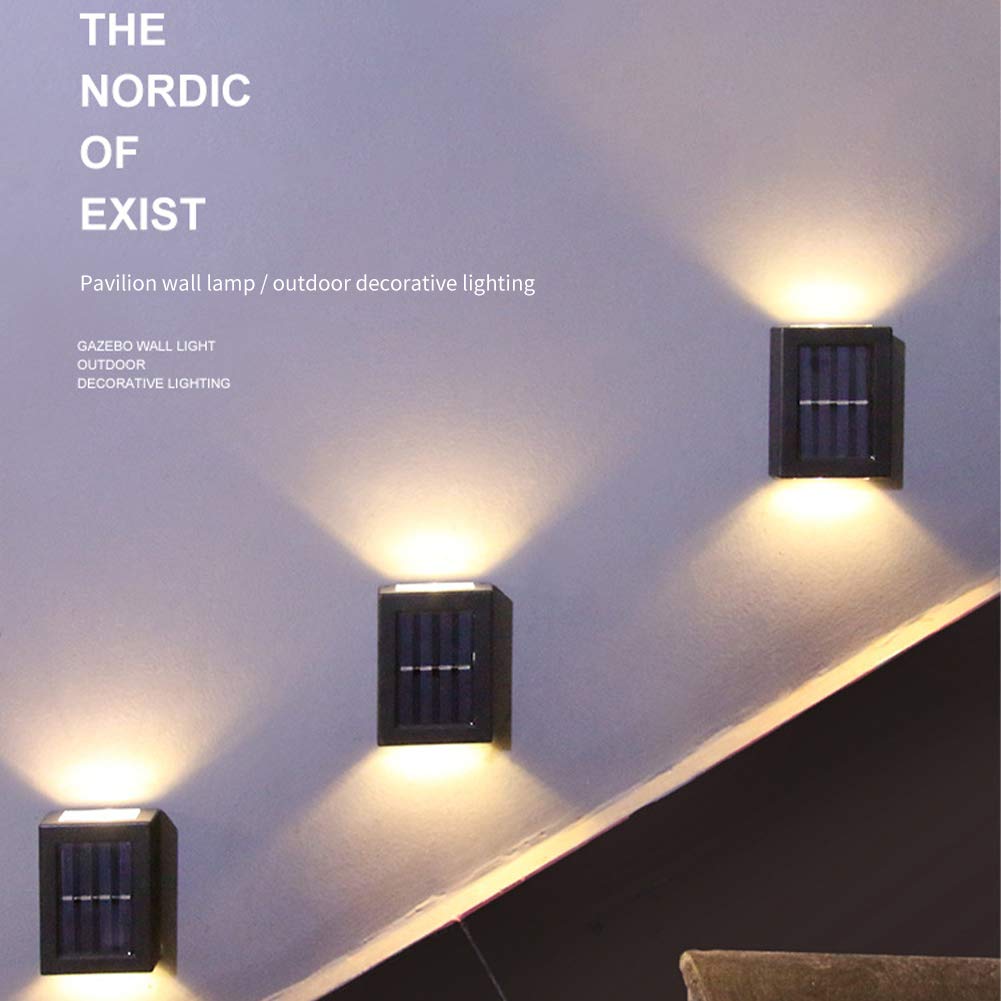 BWWNBY 2 LED Solar Wall Light UP and Down Illuminate Outdoor Sunlight Sensor Lamp Modern Nordic Style Decor for Home Garden Porch(Warm Light)