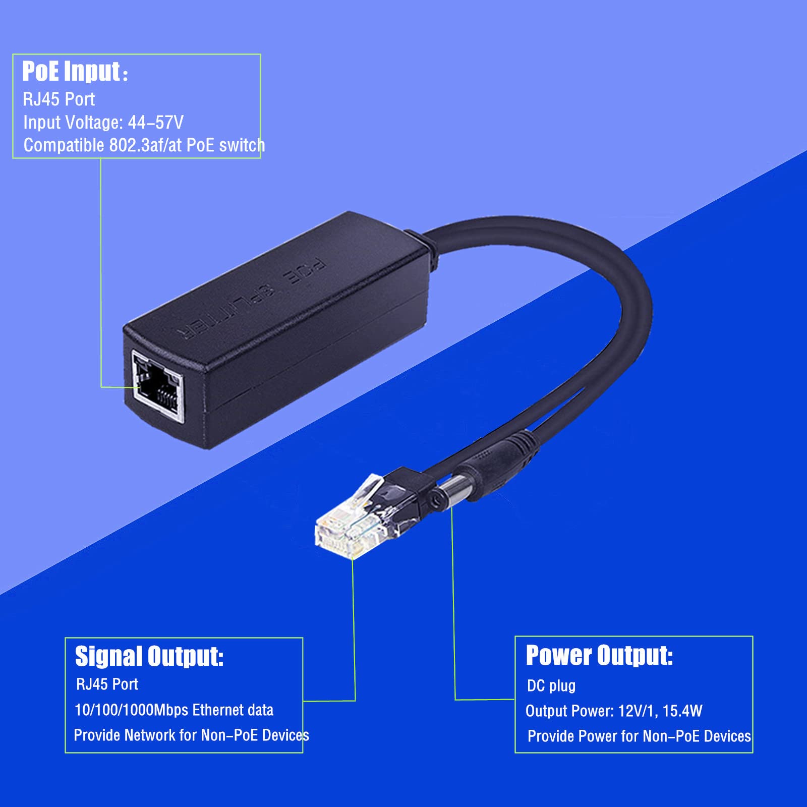 Active POE Splitter Adapter 48V to 12V,IEEE 802.3af/at Compliant 10/100/1000Mbps up to 100M for Surveillance Camera, VoIP Phone,Wireless Access Point