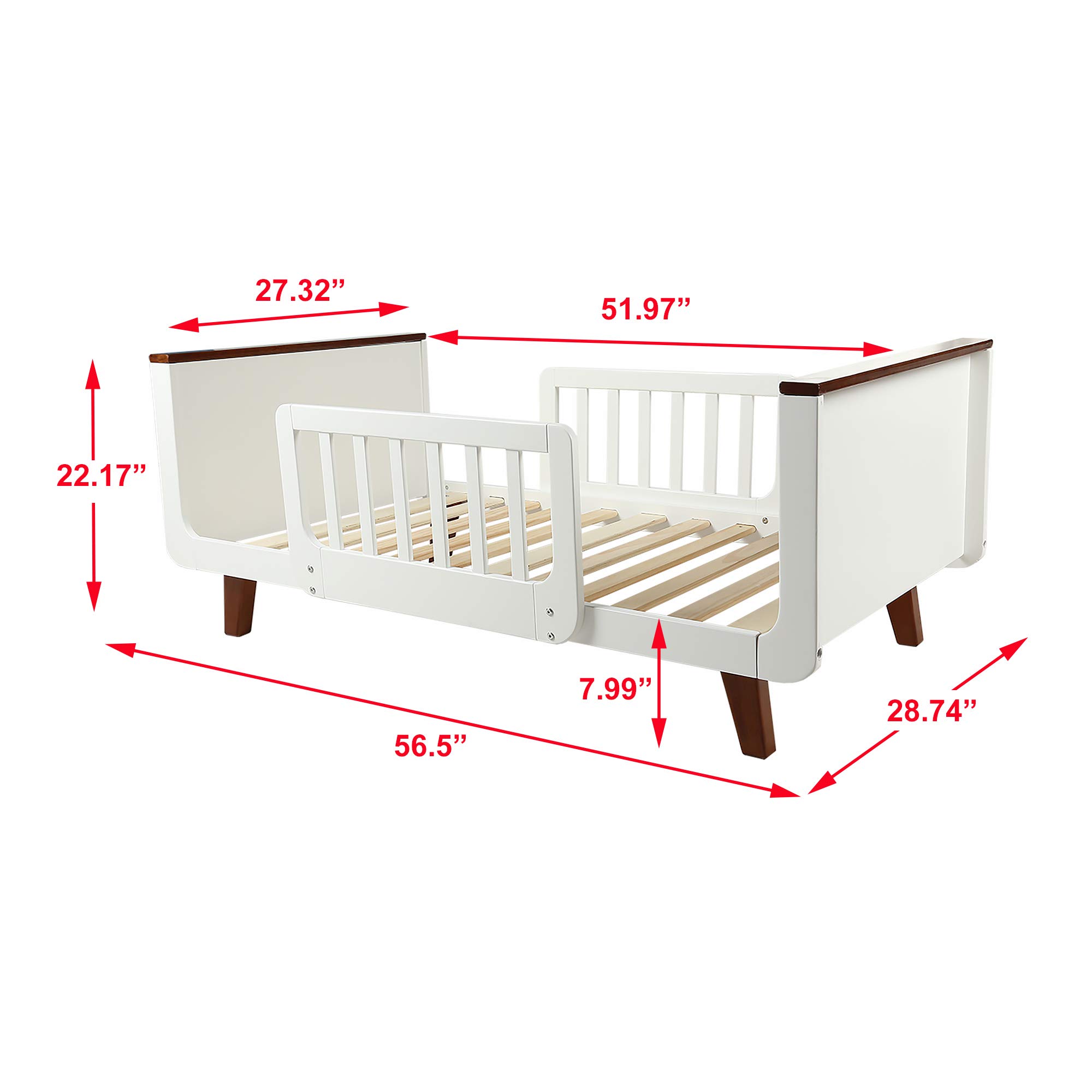 Little Partners MOD Kids Bed - Solid Wood Classic Design Transitional Toddler Bed with Rails for Children's Bedroom with Two Safety Guards, Low-to-Ground Profile (White/Espresso)