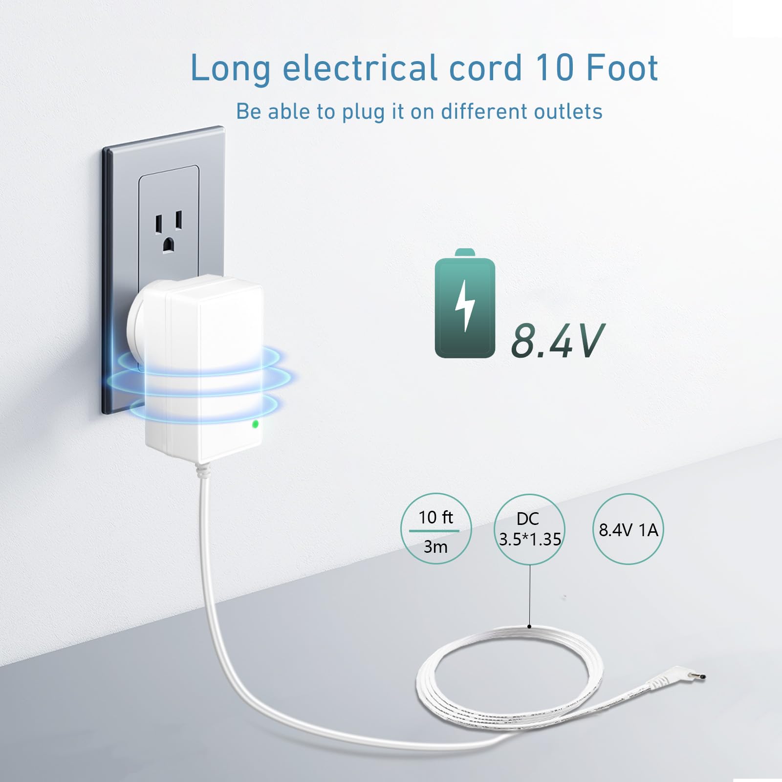 Rollerhouse 8.4V 1A Li-ion Battery Charger Power Adapter for 7.2V,7.4V 8.4V Device, with LED Indicator 3.5x1.35mm Male Plug Connector, L=118", White