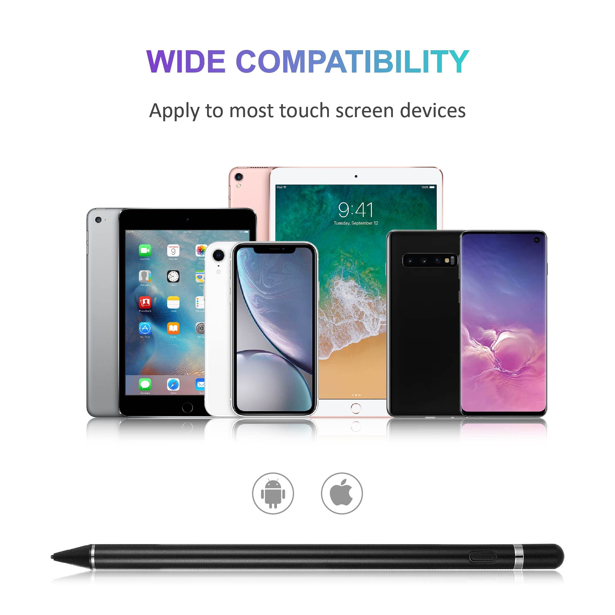 Active Stylus Pen Compatible for Touch Screens, Digital Rechargeable Stylish Pencil universal with Touch Function, Stylus pen for iPhone/iPad Pro/Air/Mini/iPhone/Android and Most Touch screens (Black)