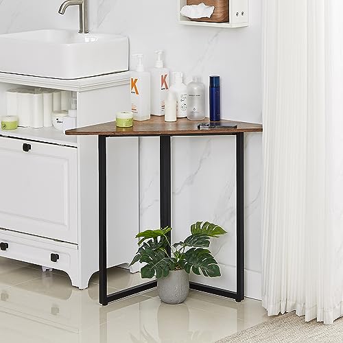 VECELO Corner Shelf, End/Side Tables Corner Computer Desk Storage Shelf for Small Space Triangle Steel Frame Corner Shelves with Metal Frame, Living Room, Bathroom, Brown 31.1"