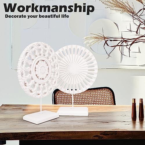 AXEARTE Wooden Carved Cutout Sector Medallion Sculpture 2 Pack, Rustic Distressed White MDF Statues Home Tabletop Decor, Decorative Ornaments for Living Room, Bedroom, Office Desktop, Cabinets