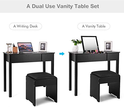 Vanity Table with Flip Top Mirror, Solid Wood Makeup Dressing Table , Writing Desk with Cushioned Stool Set, 2 Drawers for Different Sized Makeup Accessories, Bedroom Bathroom Organizers (Black)