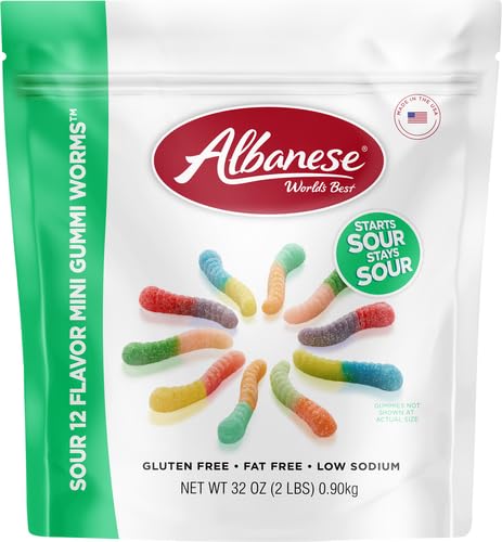 Albanese World's Best Sour 12 Flavor Mini Gummi Worms Candy, 32 Oz Bag