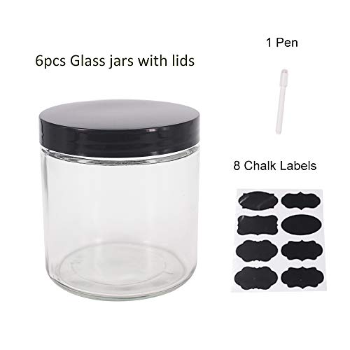 BPFY 6 Pack 16 oz Glass Jars With Plastic Lids, Glass Kitchen Canisters Cabinet, Pantry Organization, Food Storage Jars for Flour, Sugar, Coffee, Candy, Snacks, 8 Chalk Labels, 1 Pen