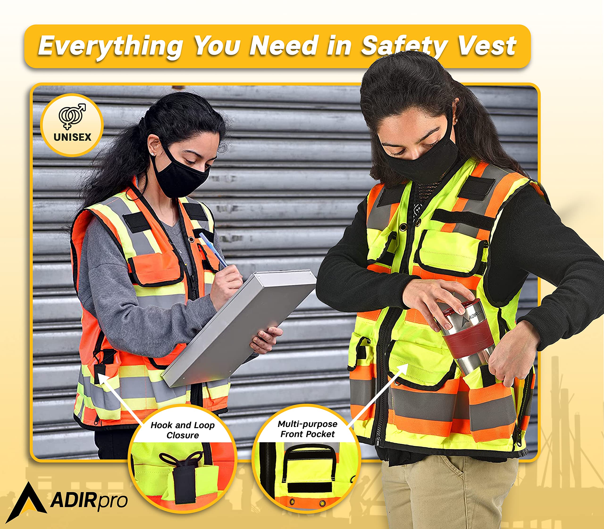 AdirPro Safety Vest - High Visibility Reflective with Zipper and Utility Pockets for Surveyors Engineers Class 2 Construction Workers, Fluorescent Yellow, 10