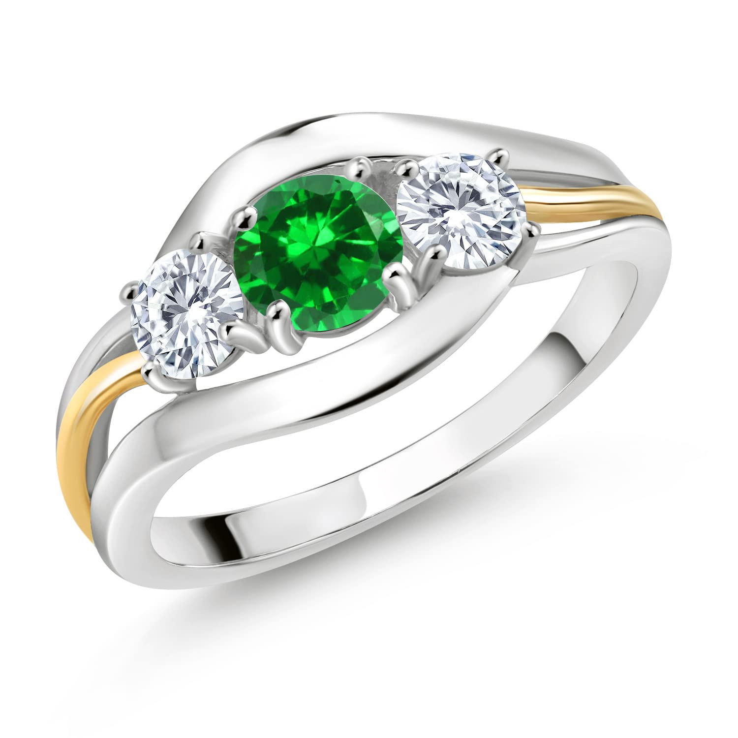 925 Sterling Silver and 10K Yellow Gold Round Green Created Emerald and White Moissanite from Charles & Colvard 3 Stone Ring For Women (1.30 Cttw, Available In Size 5, 6, 7, 8, 9)