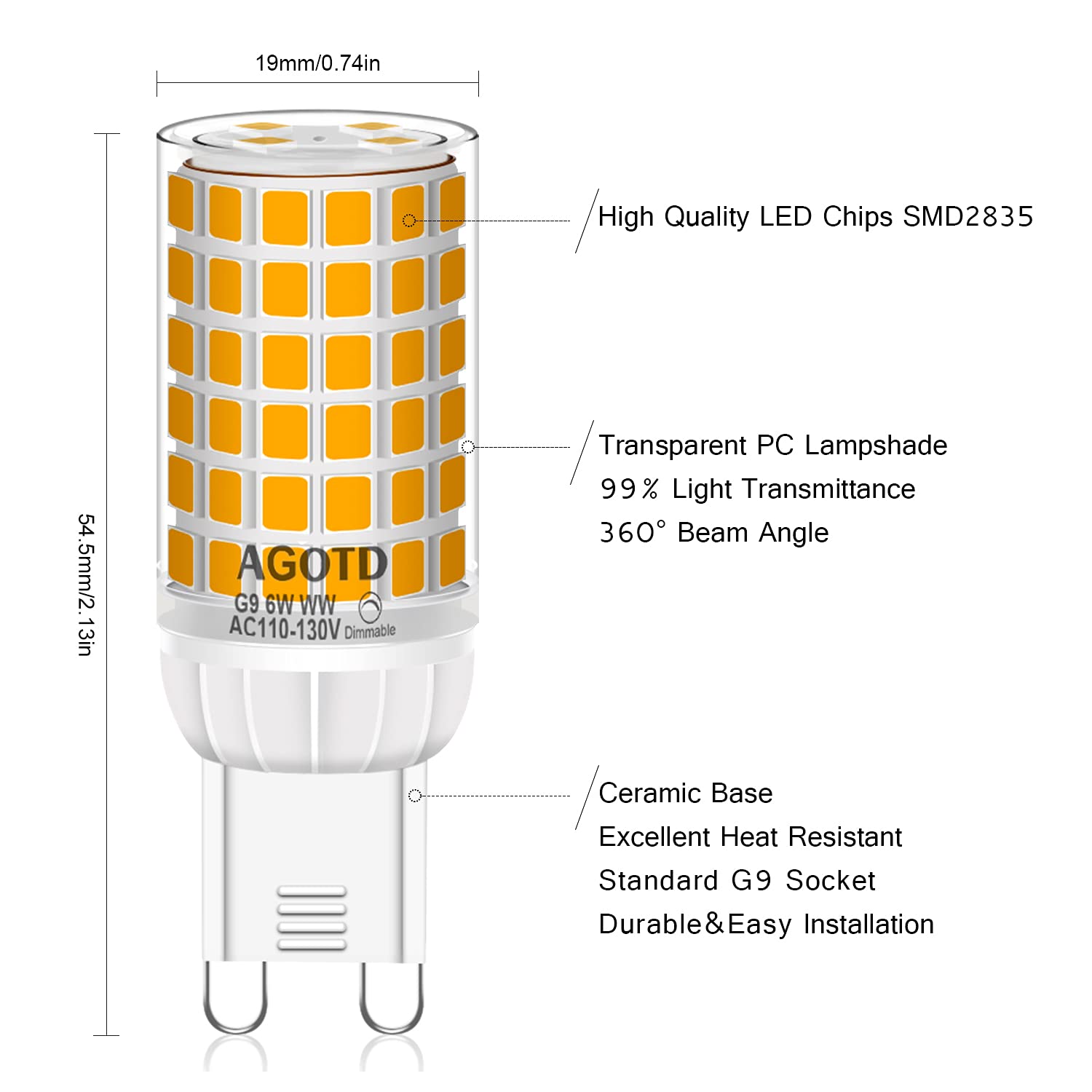 AGOTD G9 LED Bulb 6W, Dimmable Soft Warm White 2700K, 658LM LED Light Bulb, T4 40W 50W 60W Halogen Replacement G9 Bi Pin Base, No-Flicker, Chandelier Lighting, 5 Pack