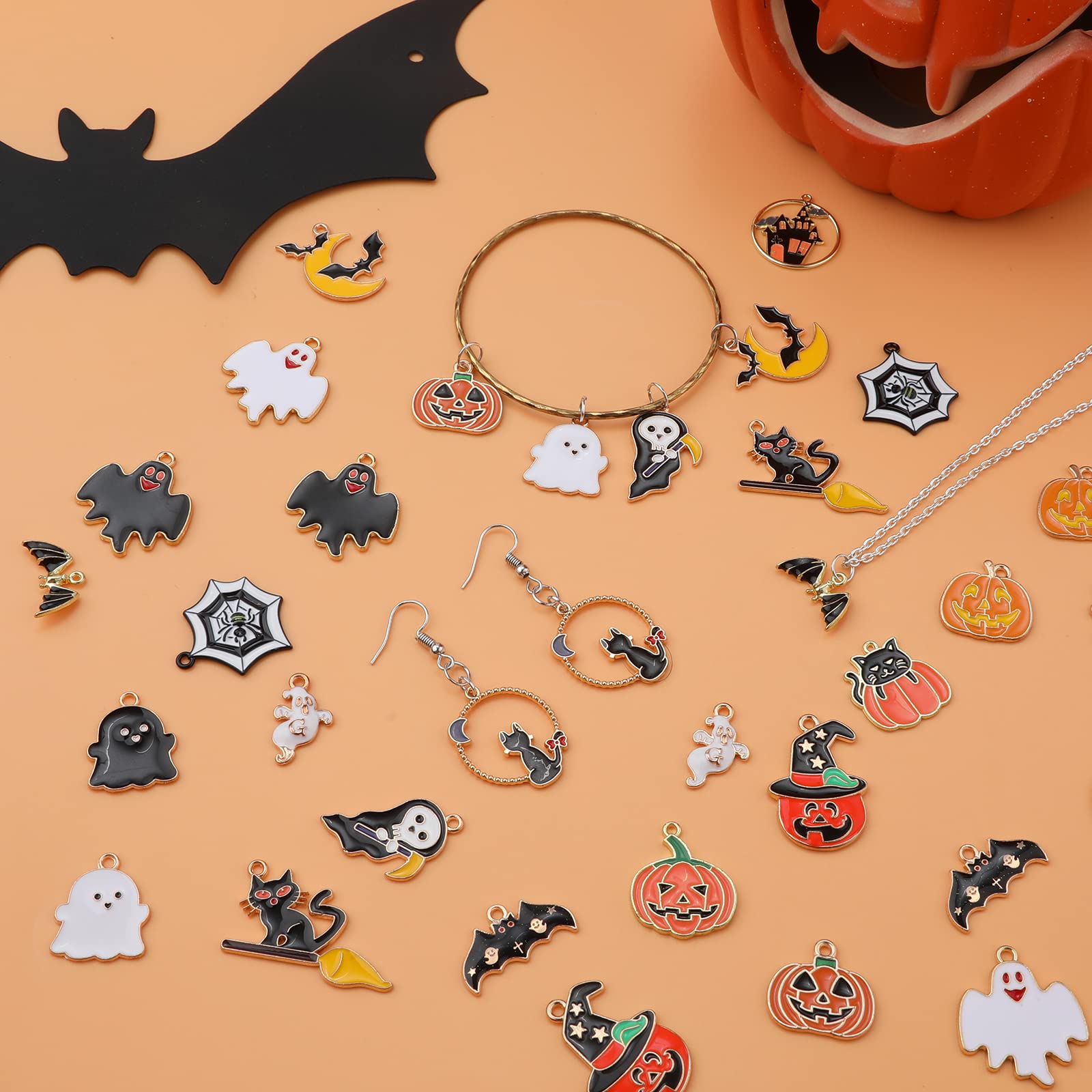 AIEX 36pcs Halloween Charms, Enamel Pendant Halloween Pumpkin Ghost Bat Charms for Earrings Necklace Bracelet Jewelry Making DIY Craft Decorations