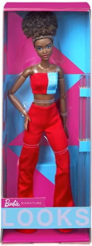 Barbie Looks Doll with Natural Black Hair in Color Block Crop Top & Raspberry Flare Pants, Posable Made to Move Body For 6 years and older