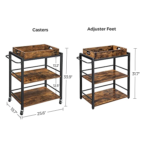 VASAGLE Industrial Bar Cart for The Home, Serving Cart with Wheels and Handle, 3-Tier Beverage Cart with Removable Tray and Storage Shelves for Living Room Kitchen, Rustic Brown and Black ULRC72X