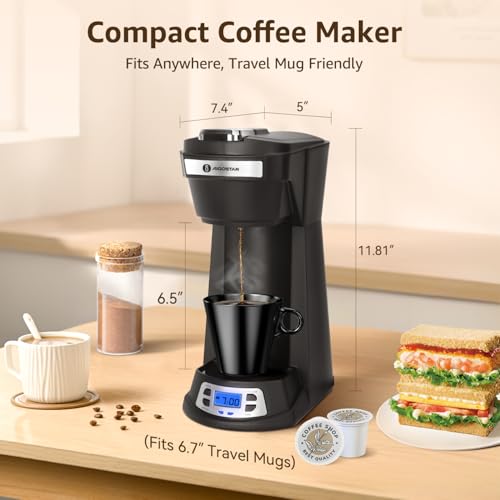 Aigostar Single Serve Coffee Maker for K Cup and Ground Coffee, 24H Timer, 6 to 14 Oz Brew Sizes, Single Cup Coffee Maker with Self-Cleaning, Fits Travel Mug, Fast Brewing Capsule Coffee Machine,Black