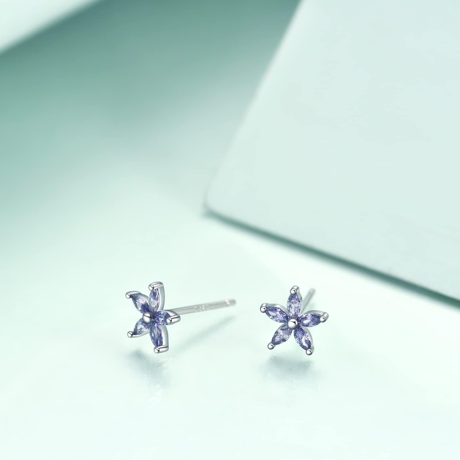 925 Sterling Silver Small Purple Flower Stud Earrings for Women, Tiny Cubic Zirconia Flower Earrings - Dainty Hypoallergenic Earrings for Sensitive Ears