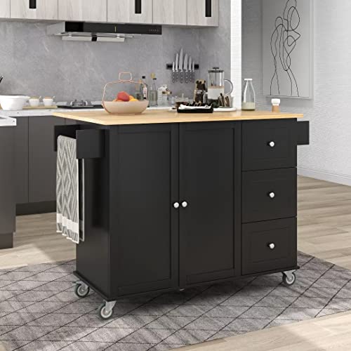 Ayvbir Kitchen Island On Wheels with Drop Leaf Black Rolling Kitchen Cart with Storage Cabinet Mobile Island Table w/ 2 Doors, 4 Drawers, Spice Rack & Towel Rack for Breakfast, Dining