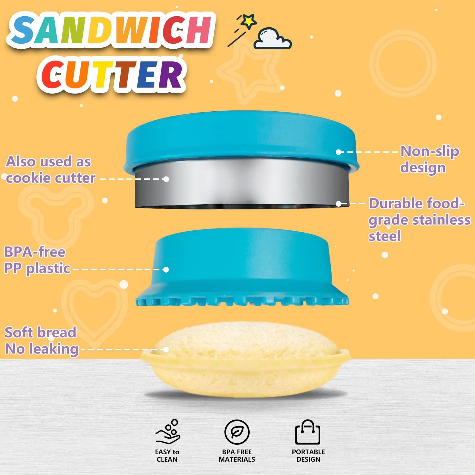 8PCS Sandwich Cutter and Sealer Set, Bread Sandwich Decruster, Uncrustables Maker, Pancake Maker DIY Cookie Cutters for Kids, Great for Lunchbox and Bento Box, Round Heart Star Mickey Press Mold