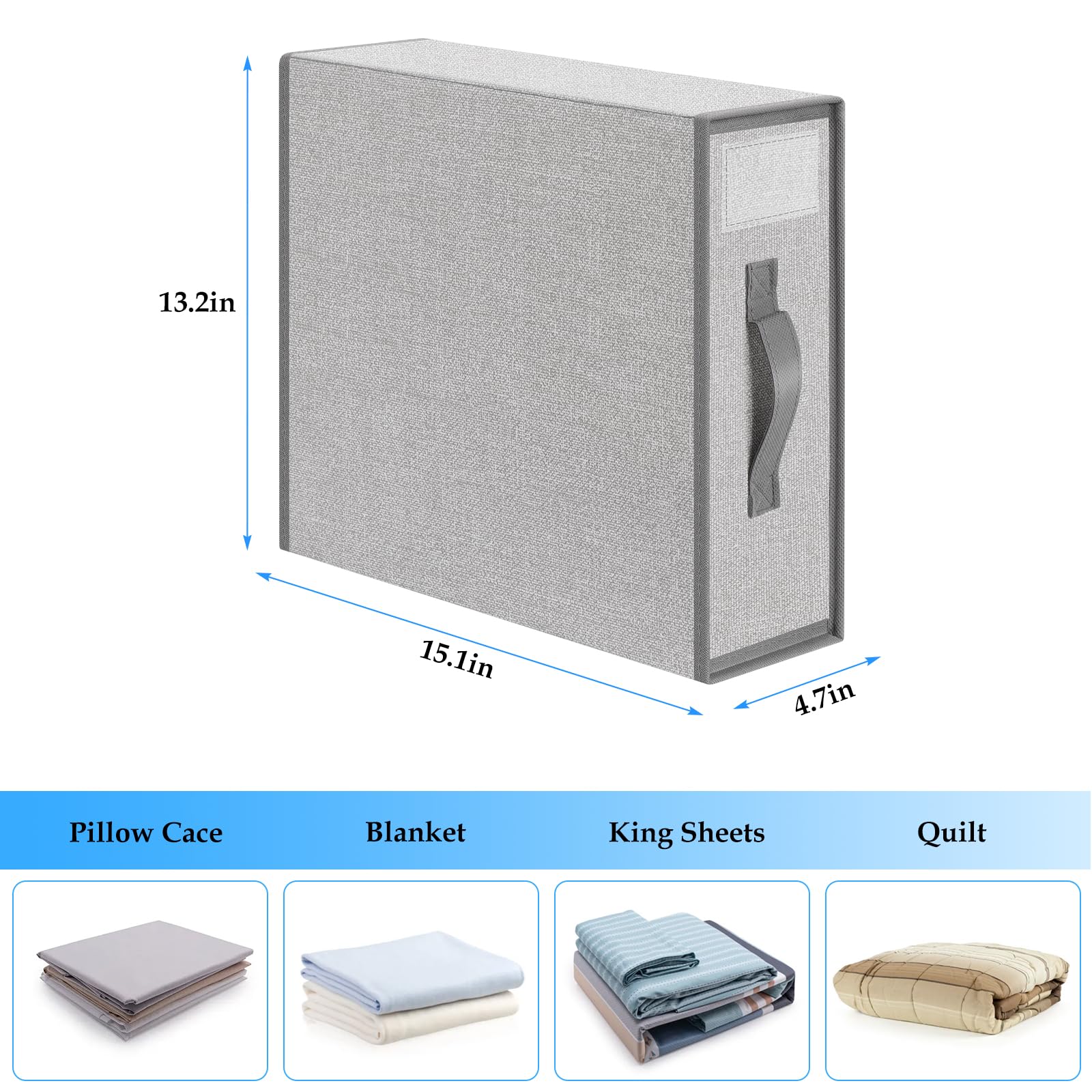 FAGIGY 4 Pack Bed Sheet Organizers and Storage with Labele Pocket, Linen Closet Organizers and Storage with Zipper, Bed Sheet Organizer with Handle, Closet Organizer for Blanket, Clothes, Light Gray