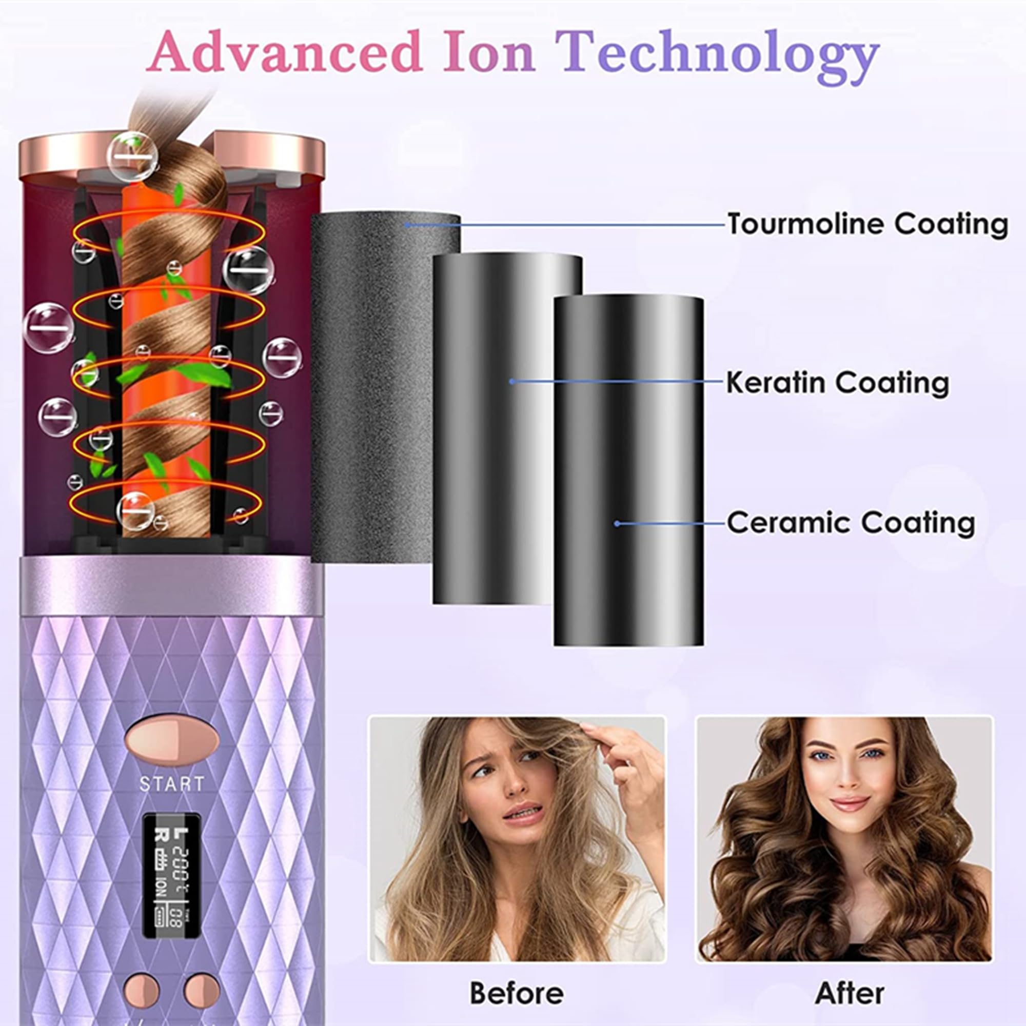 AGRATU Automatic Curling Iron Wireless Auto Rotat Ceramic Hair Curler Cordless Automatic Hair Curler with LCD Display 6 Temps and Timers USB Charging Auto Shut-Off Create Stunning Curls