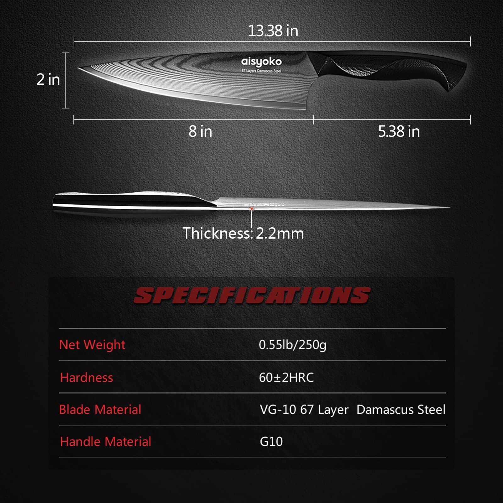 aisyoko Damascus Chef Knife 8 Inch Sharp Kitchen Knife Japan VG-10 Stainless Steel Carbon Ultra Sharp Kitchen Cooking Knife, Ergonomic G10 Handle Deluxe Gift Box