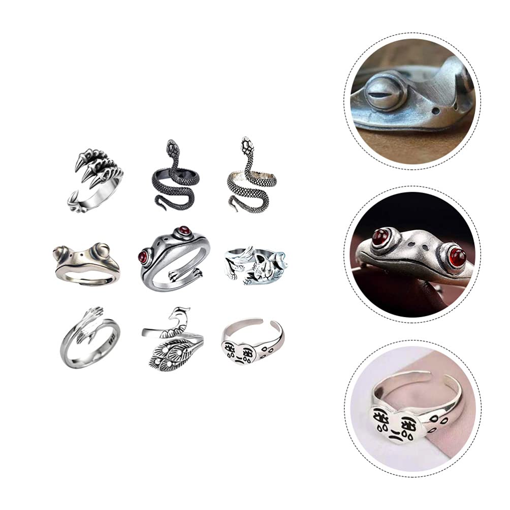 8-15 Pcs Vintage Open Punk Rings Set Adjustable Gothic Rings Cool Stackable Animal Rings Bulk Chunky Knuckle Finger Rings Snake Frog Rings for Women Men