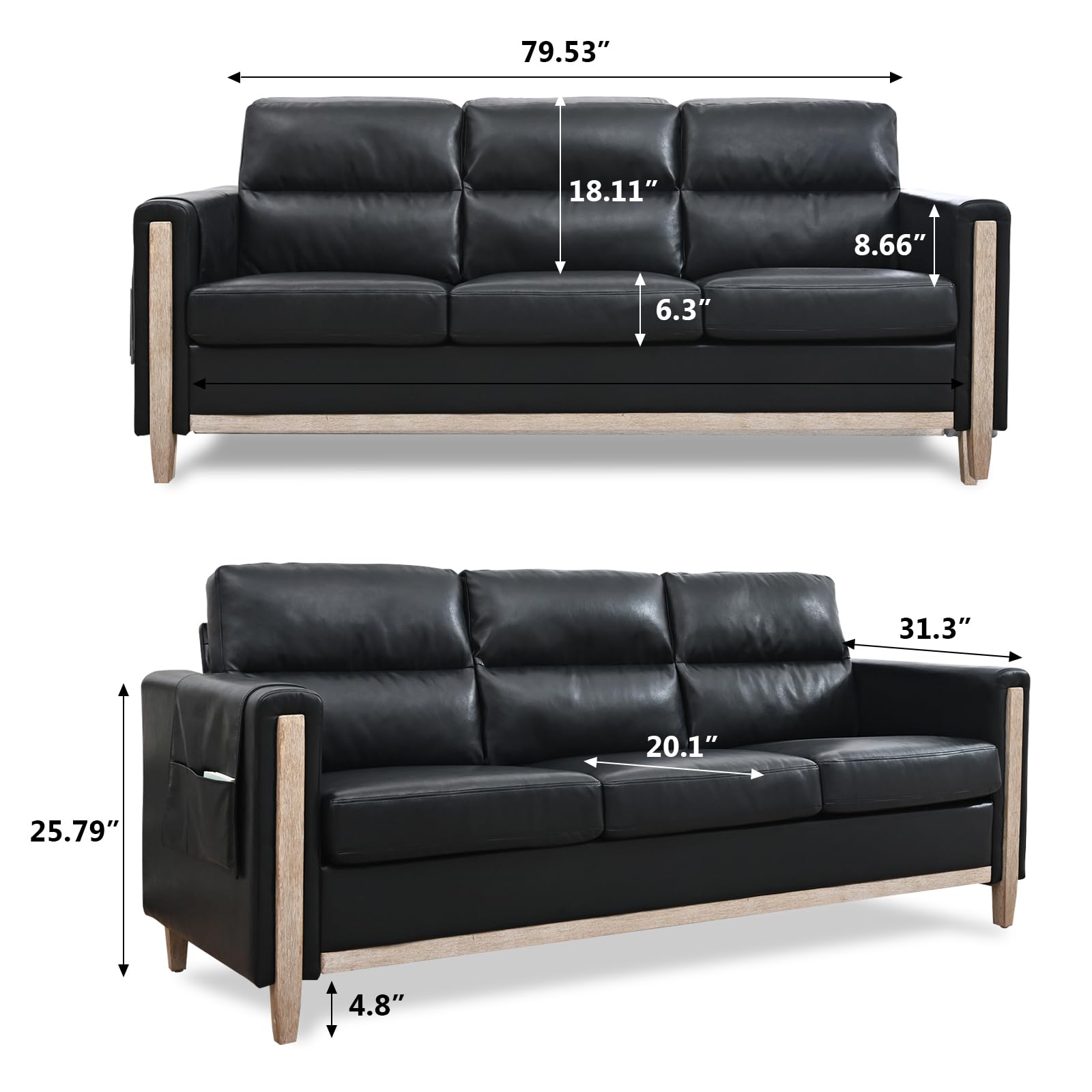 KUVENQIW Faux Leather Sofa Couch with 2 Side Storage Pockets 79.5" Solid Wood 3 Seater Sofa,Soft Cushions,Thick Backrest,Couches for Living Room/Bedroom/Office (Black PU Three-Seater)