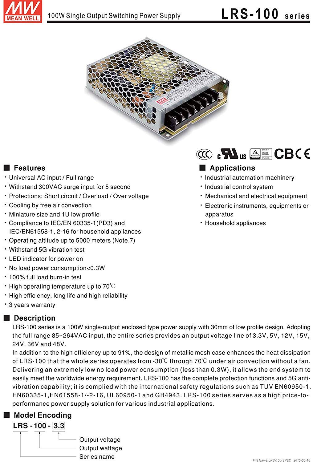 MEANWELL Switching Power Supplies 90W 5V 18A, LRS-100-5