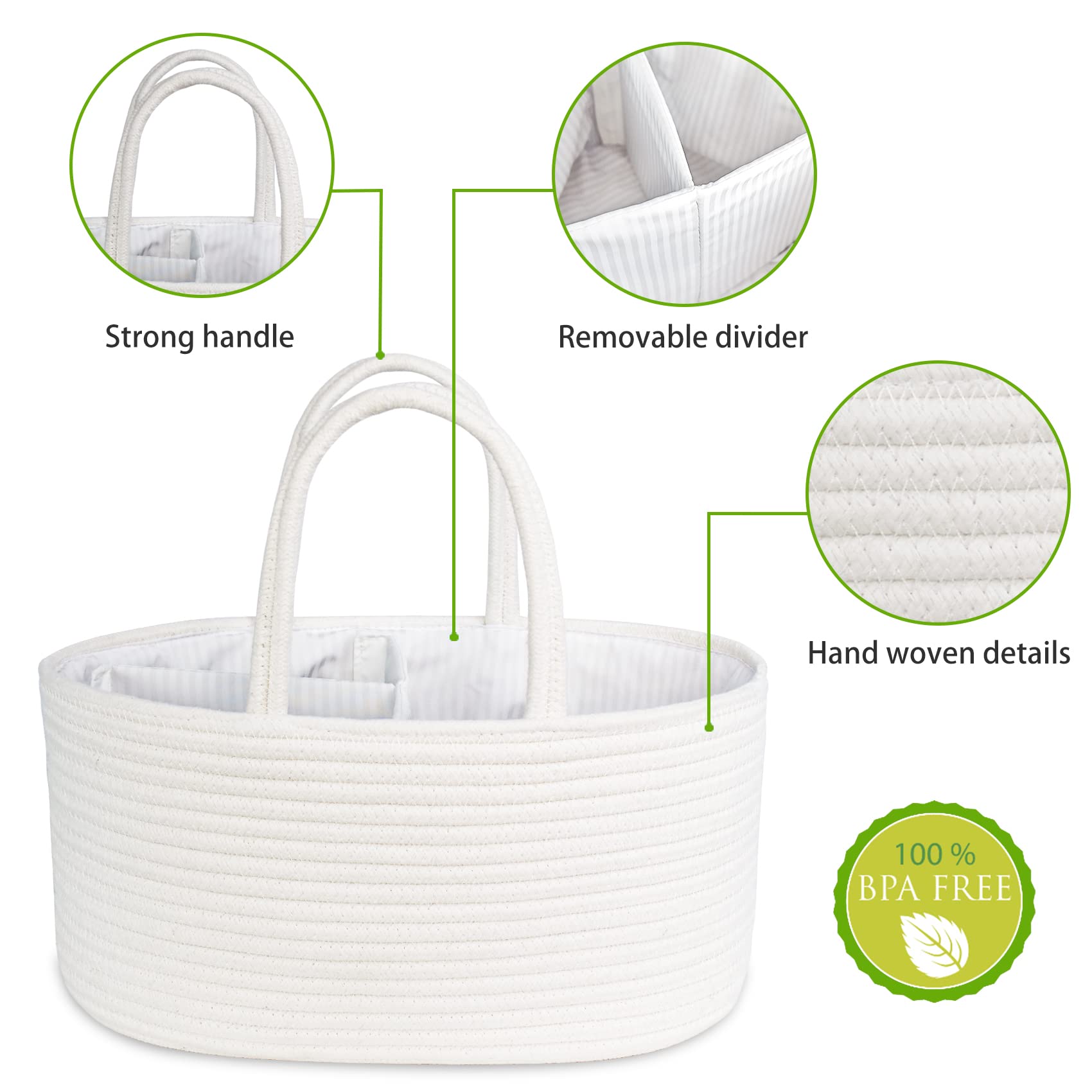ABenkle Baby Diaper Caddy, Nursery Storage Bin and Car Organizer for Diapers and Baby Wipes, Cotton Rope Diaper Basket Caddy, Changing Table Diaper Storage Caddy Baby Gift Baskets, White